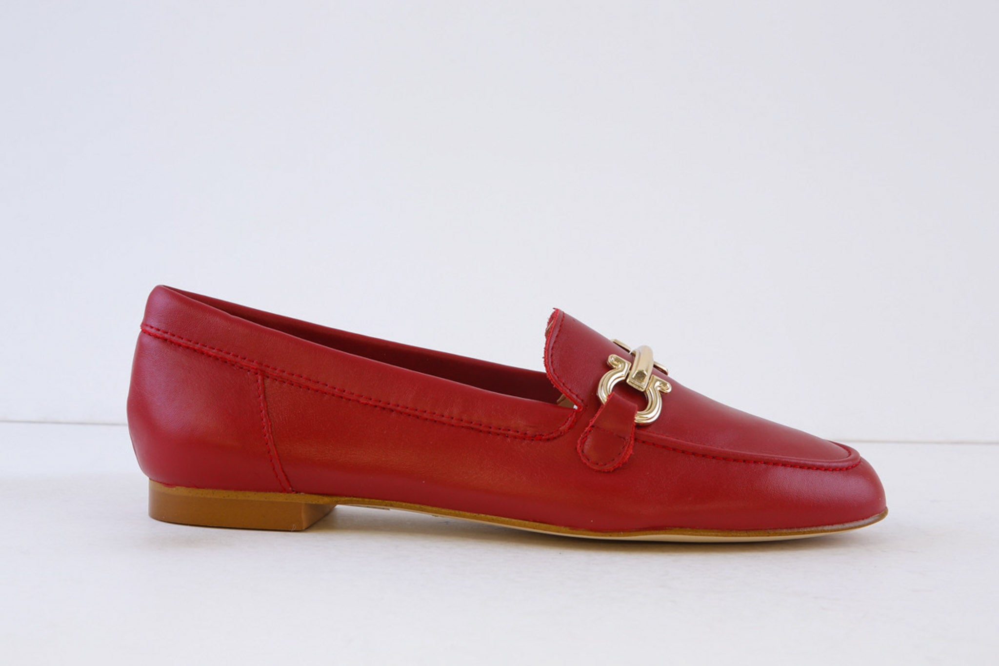 Flat Loafers for Women - Maria Jaen Red Leather with Gold Chain Detail ...