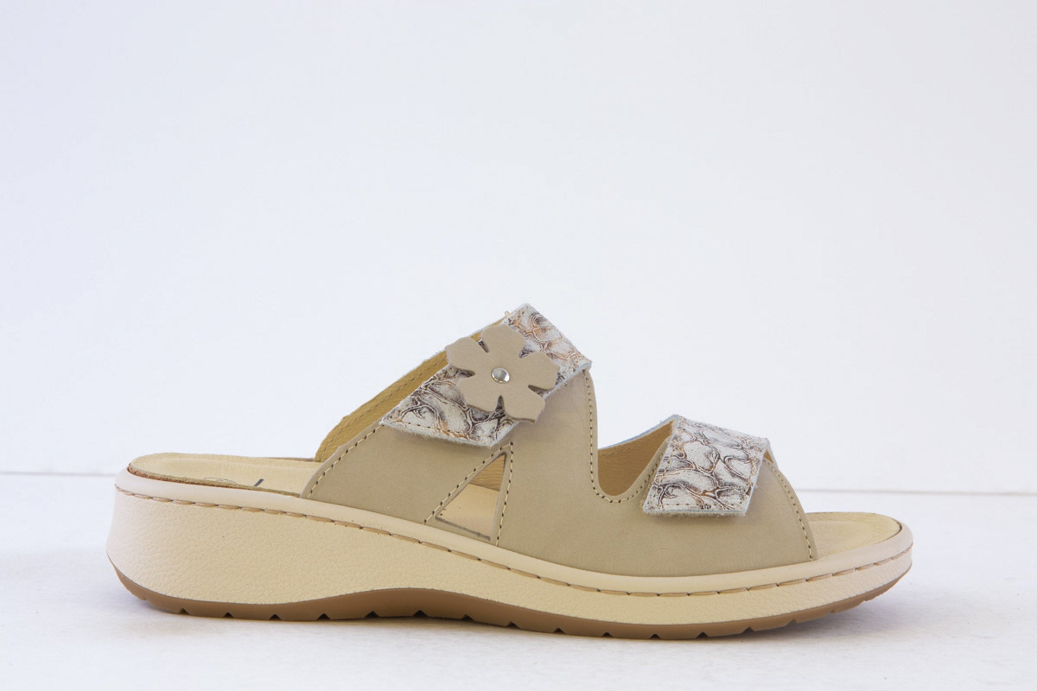 BELVIDA - 46.243 LOW WEDGE VELCRO MULE - BEIGE MULTI – Victor Dwyer ...