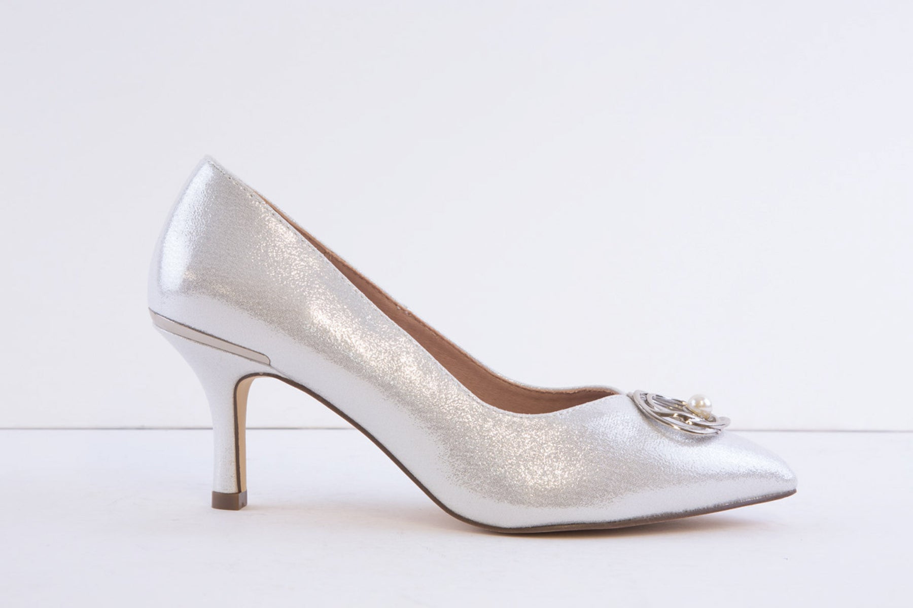 Cocco Ritz Medium Heel Court Shoe - Silver Fabric - Stylish Comfort fo ...