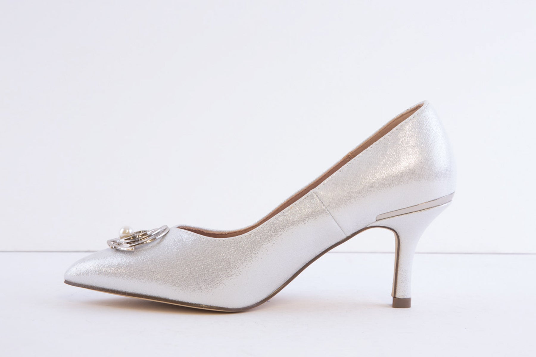 Cocco Ritz Medium Heel Court Shoe - Silver Fabric - Stylish Comfort fo ...