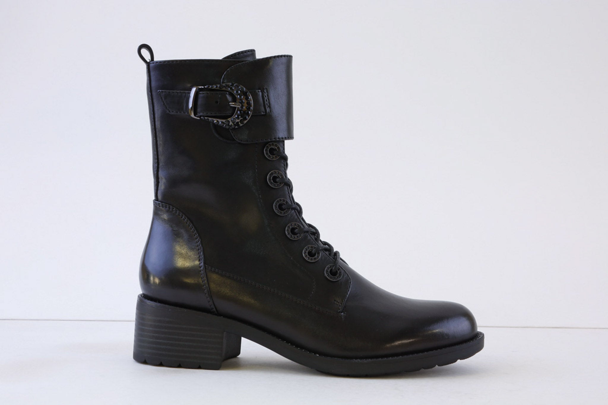 REGARDE LE CIEL - EMILY-41 LOW HEEL LACED (ZIP) ANKLE BOOT - BLACK LEA ...