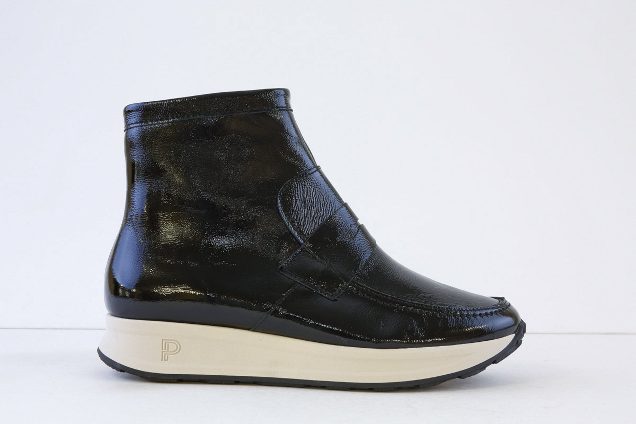 Pitillos Black Patent Low Wedge Ankle Boot with Zip - Stylish Comfort ...