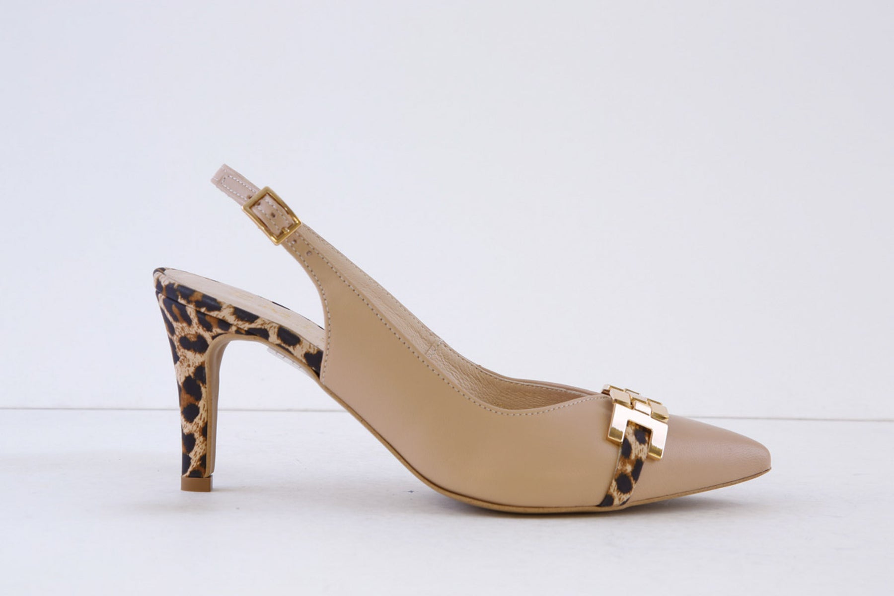 Emis Medium Heel Sling-Back Shoe in Beige/Leopard Leather – Victor ...