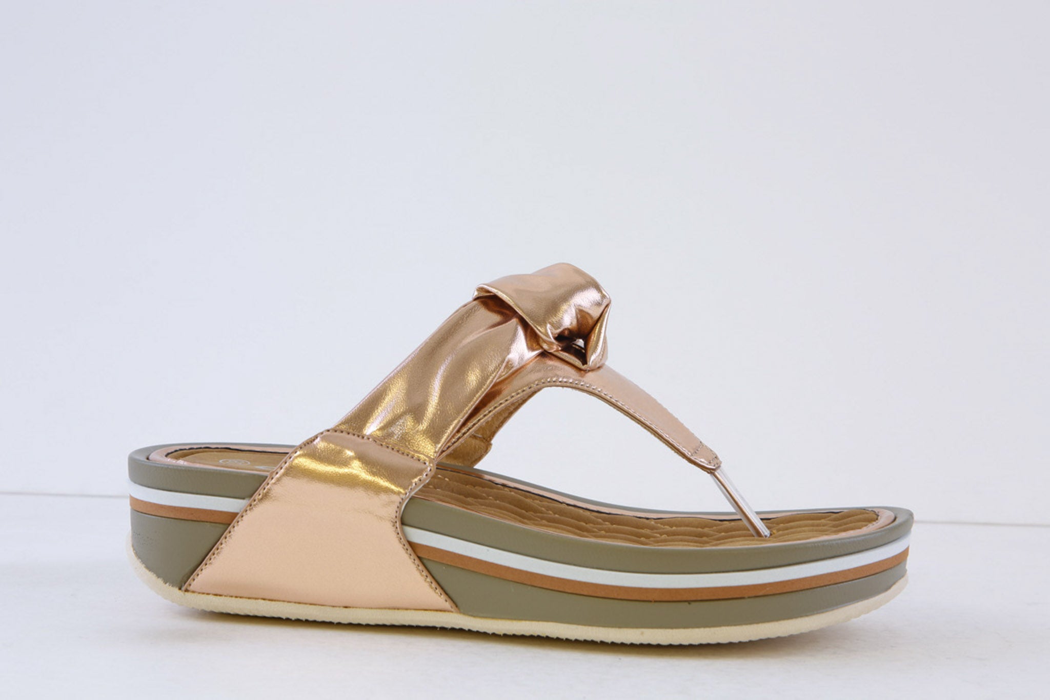 P-COMFORT - WW1660 KNOT TRIM WEDGE TOE-POST MULE - ROSE GOLD – Victor ...