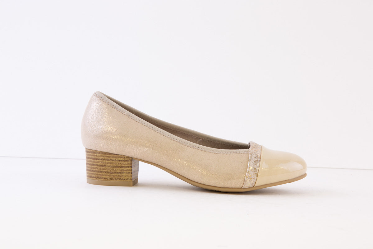 JANA SOFTLINE - 22366-929 LOW BLOCK HEEL COURT SHOE - CREAM/GOLD ...