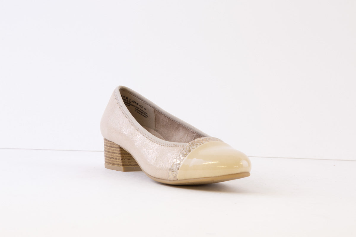 JANA SOFTLINE - 22366-929 LOW BLOCK HEEL COURT SHOE - CREAM/GOLD ...