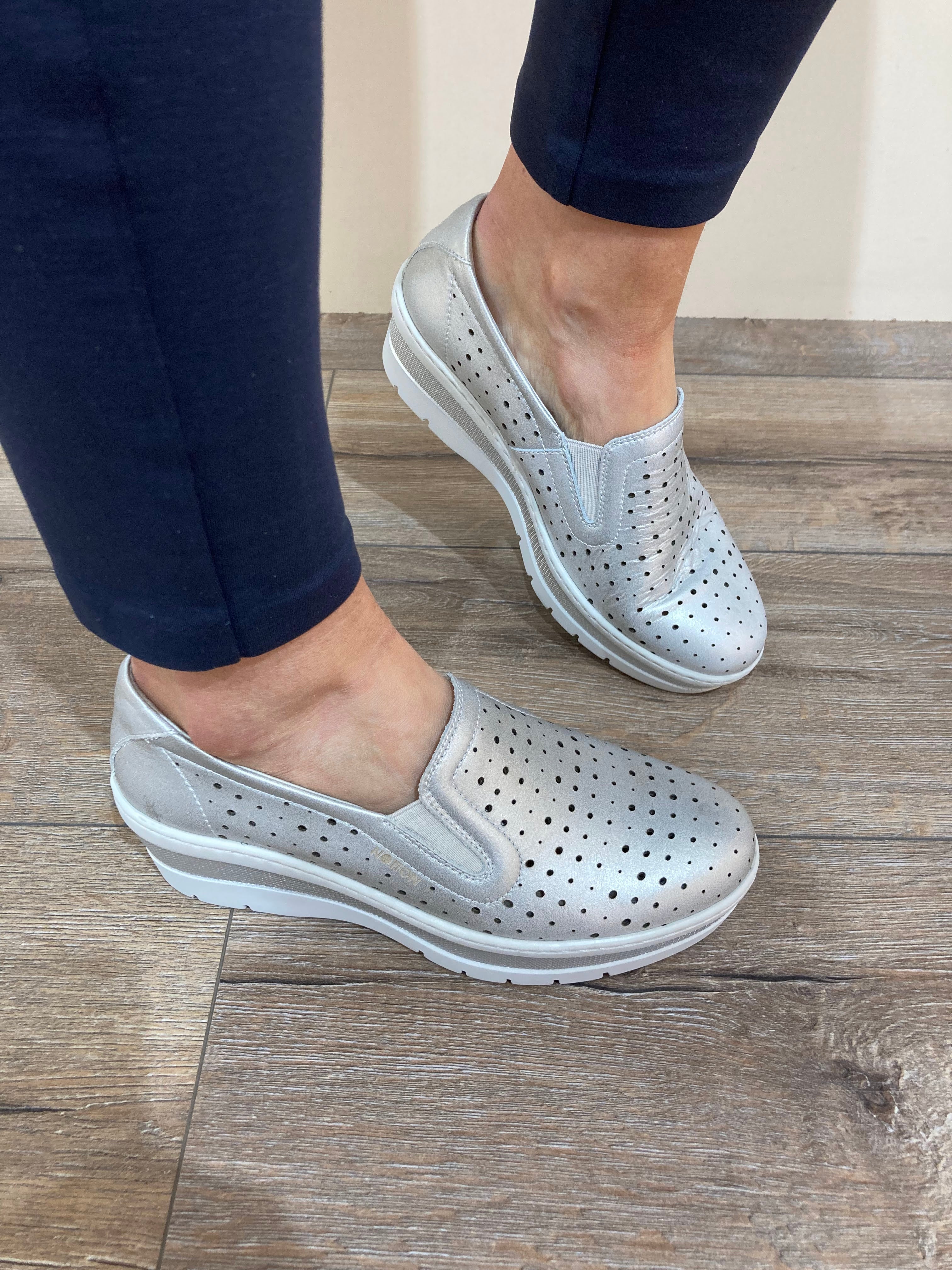 NOTTON - 3513 HIGH WEDGE SLIP-ON SHOE - SILVER – Victor Dwyer Ladies ...